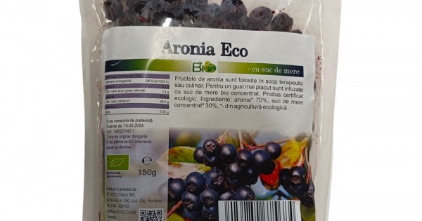 Bio fructe de aronia, FARA ZAHAR, infuzate in suc de mere 150g